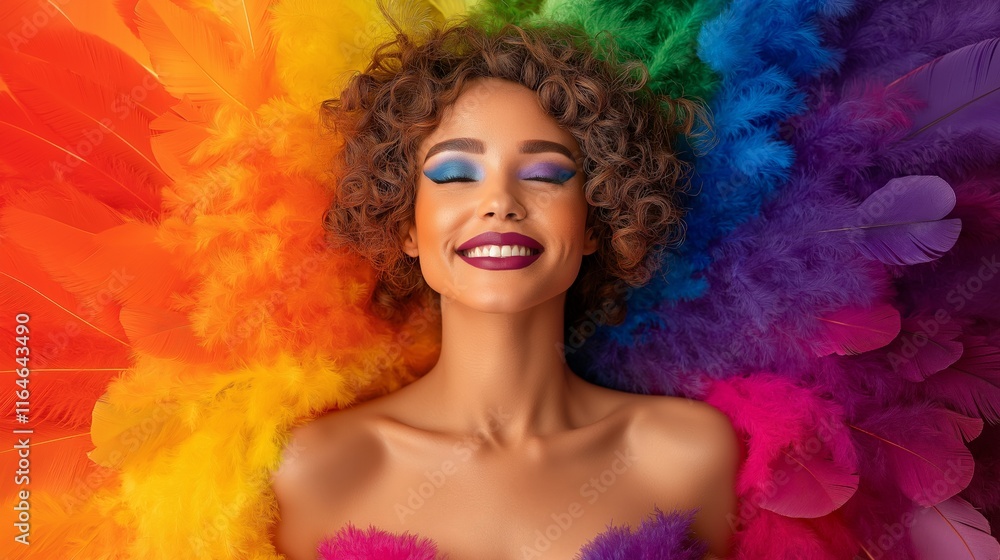 A smiling lesbian woman surrounded by vibrant feathers in rainbow flag ...