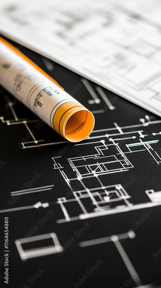 Architectural blueprint rolls on black background with detailed floor ...