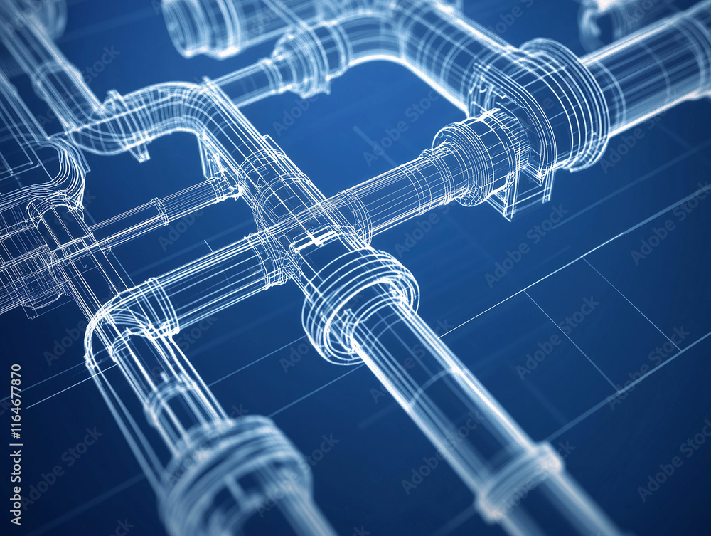 Detailed blueprint of industrial piping system showcasing complex ...