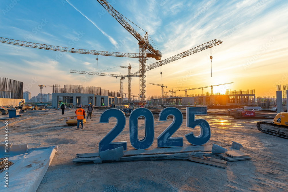 Large 2025 sign at a sunset construction site with multiple cranes ...