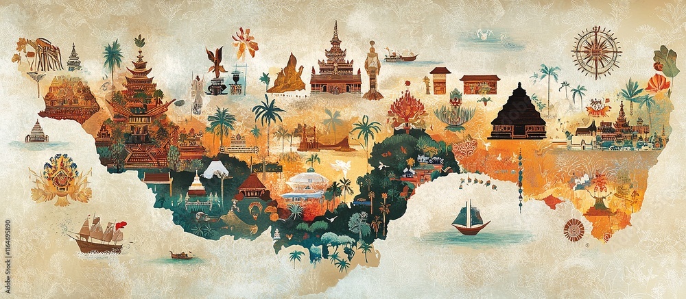 Illustrated map of Indonesia featuring landmarks and cultural icons ...