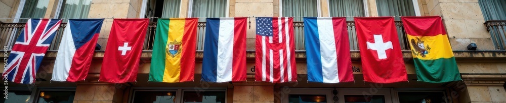 Colorful banner with flags of various countries hung on a building ...