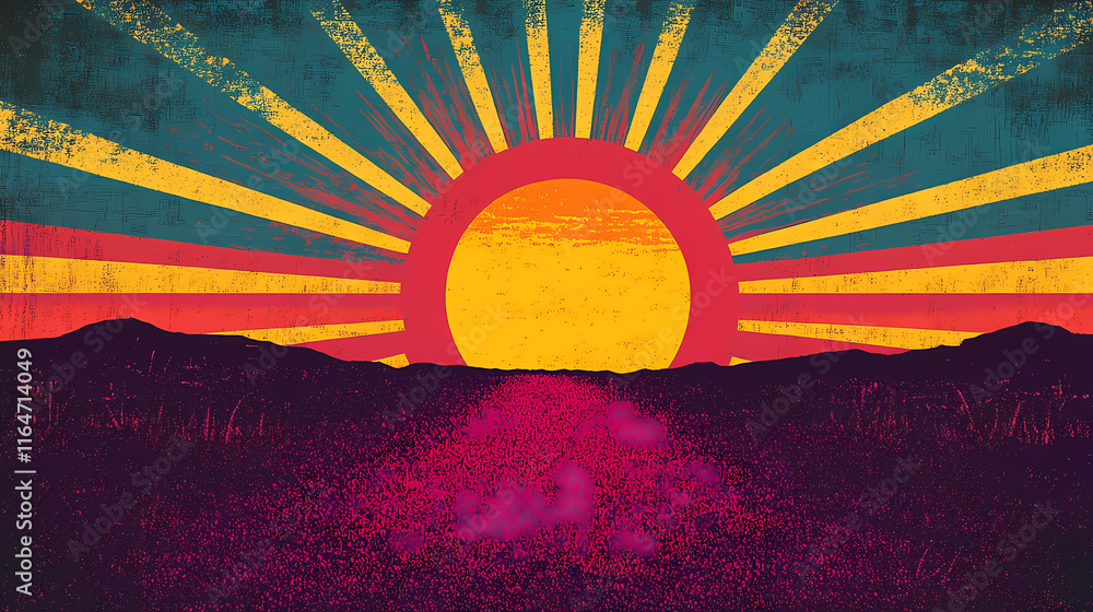 style striped sun setting over a synthwave landscape, sunset, sunrise ...