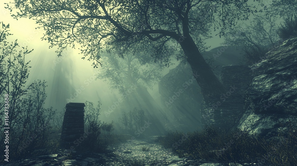 Mysterious foggy forest path with ancient ruins. Stock Illustration | Adobe Stock