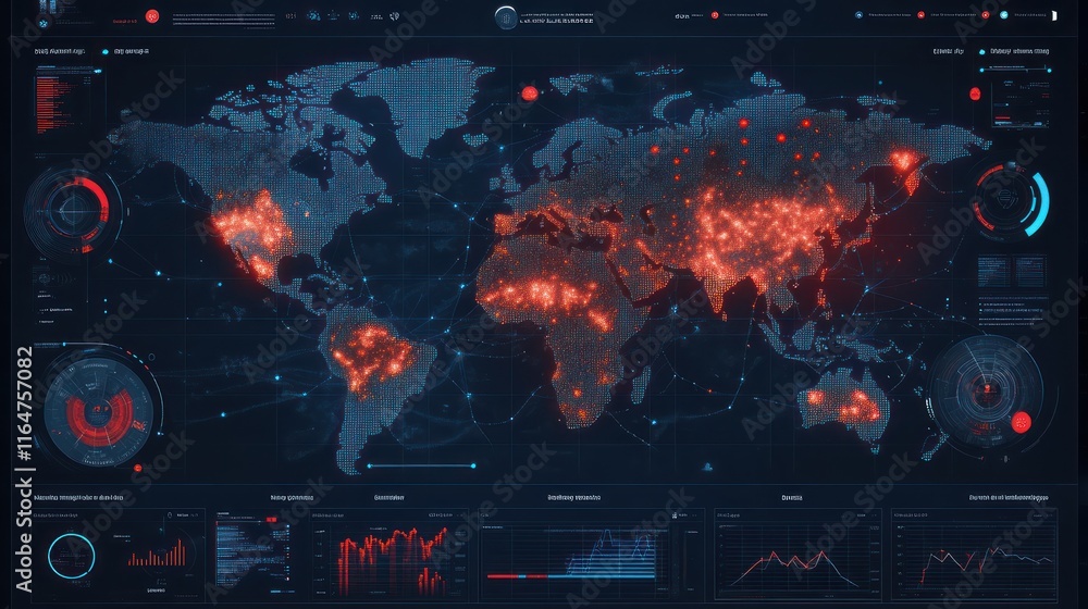 Geospatial data analytics dashboard featuring live world map, heat ...