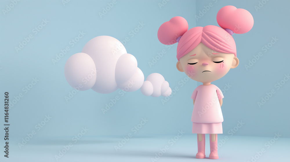 Sad Girl Cartoon Illustration with Pink Hair and Cloud Background for ...
