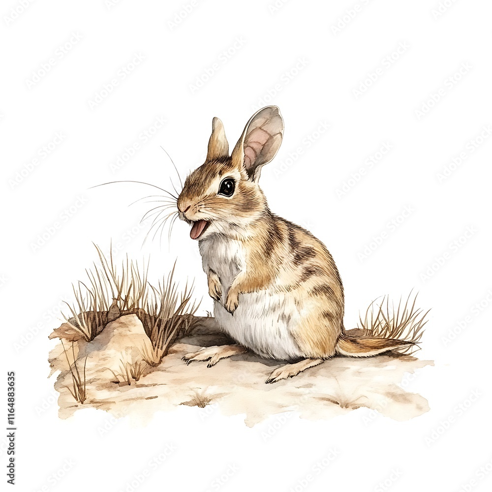 Watercolor illustration of an adorable jerboa, a small desert rodent ...