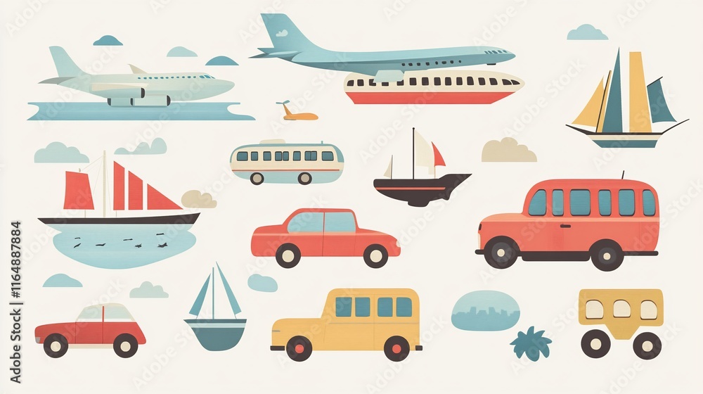 Colorful illustration of various transportation modes including ...