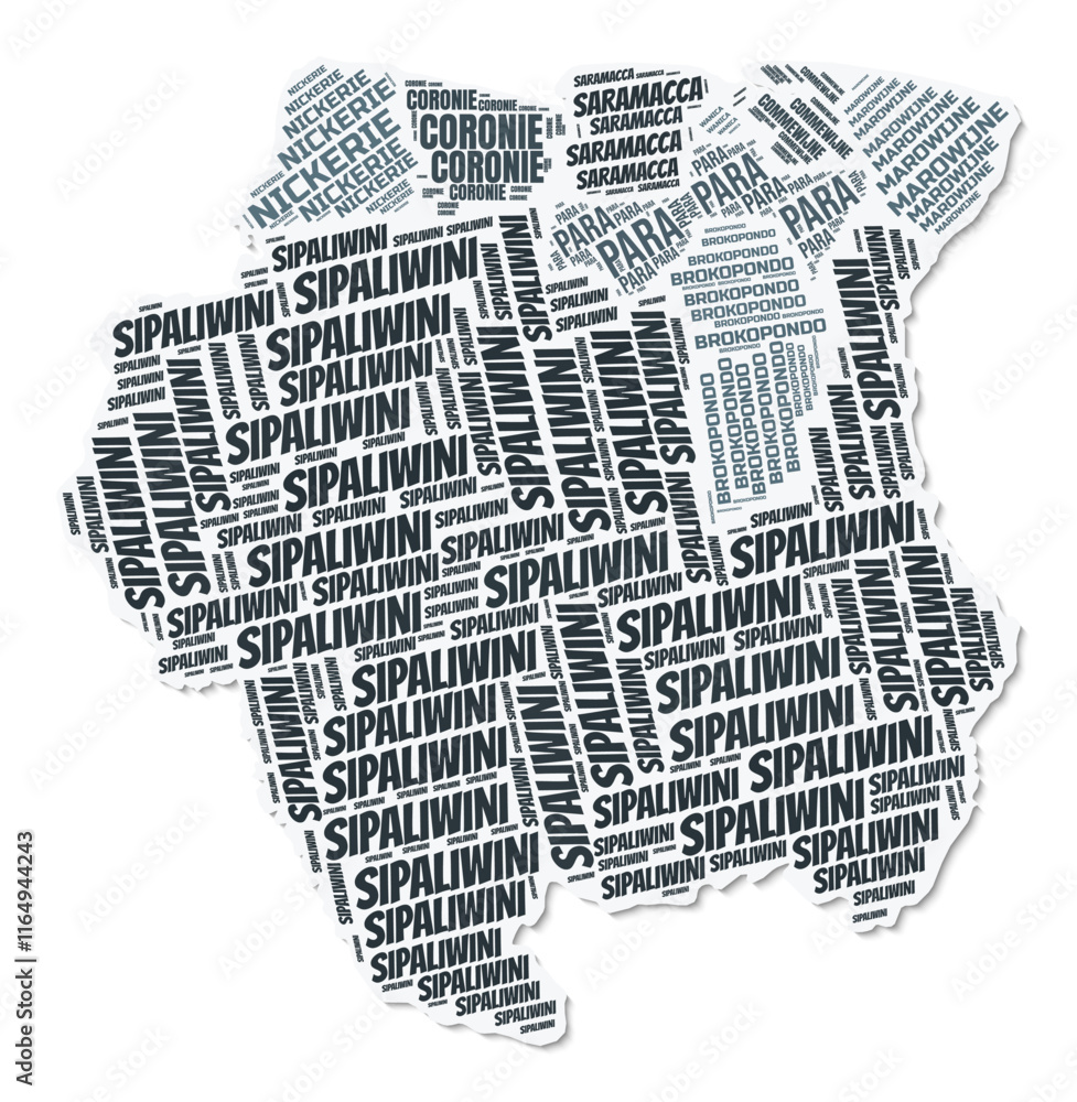 Suriname shape text cloud. Country border with shadow on white ...