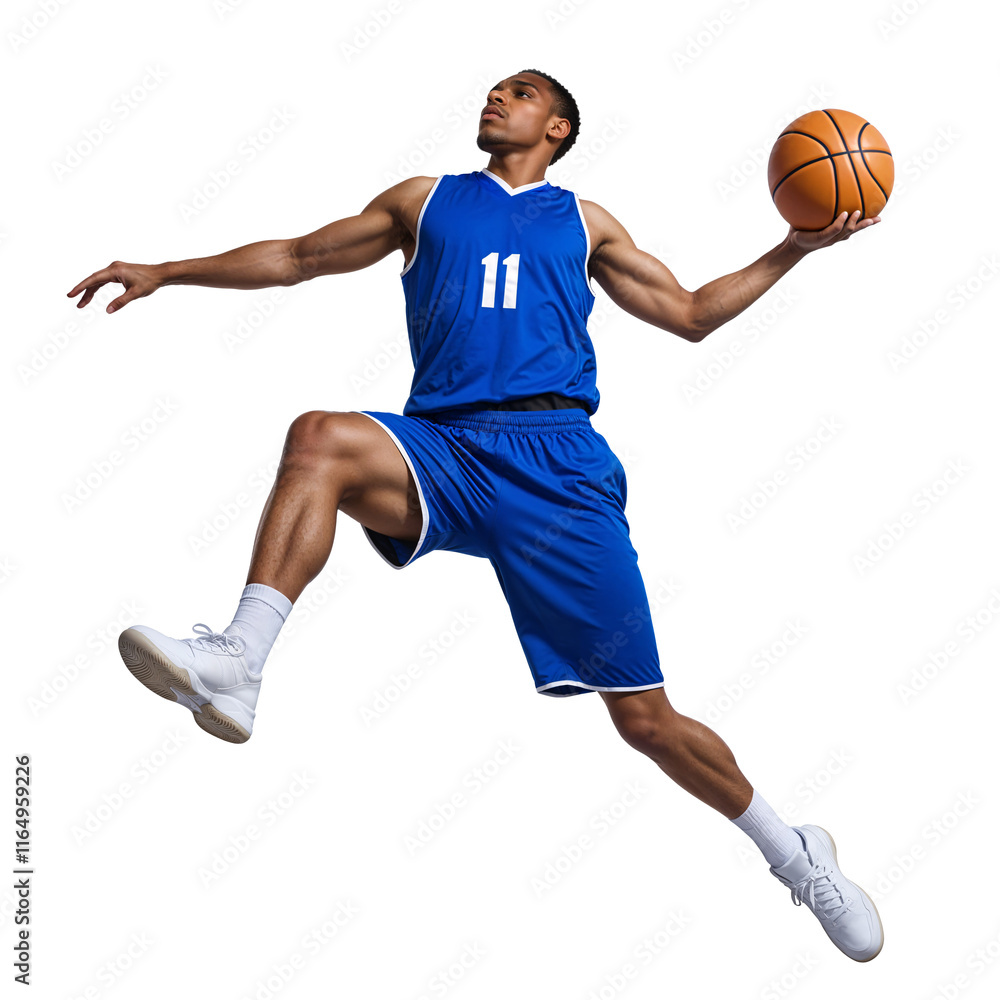 midair shot of a basketball player in blue jersey doing a slam dunk ...