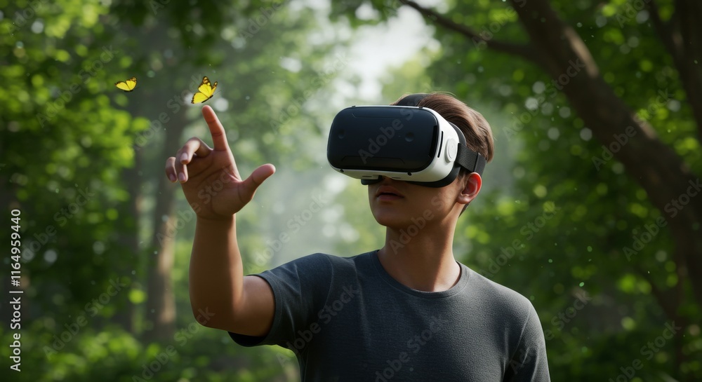 Immersive virtual reality experience in nature with vr headset and ...