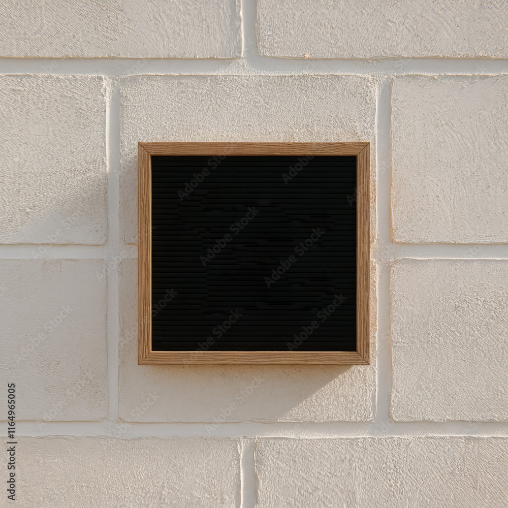 Black chalkboard frame against a white brick background. Minimalist ...