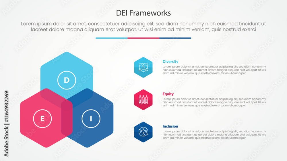 DEI frameworks infographic concept for slide presentation with hexagon ... DEI frameworks infographic concept for slide presentation with hexagon ...