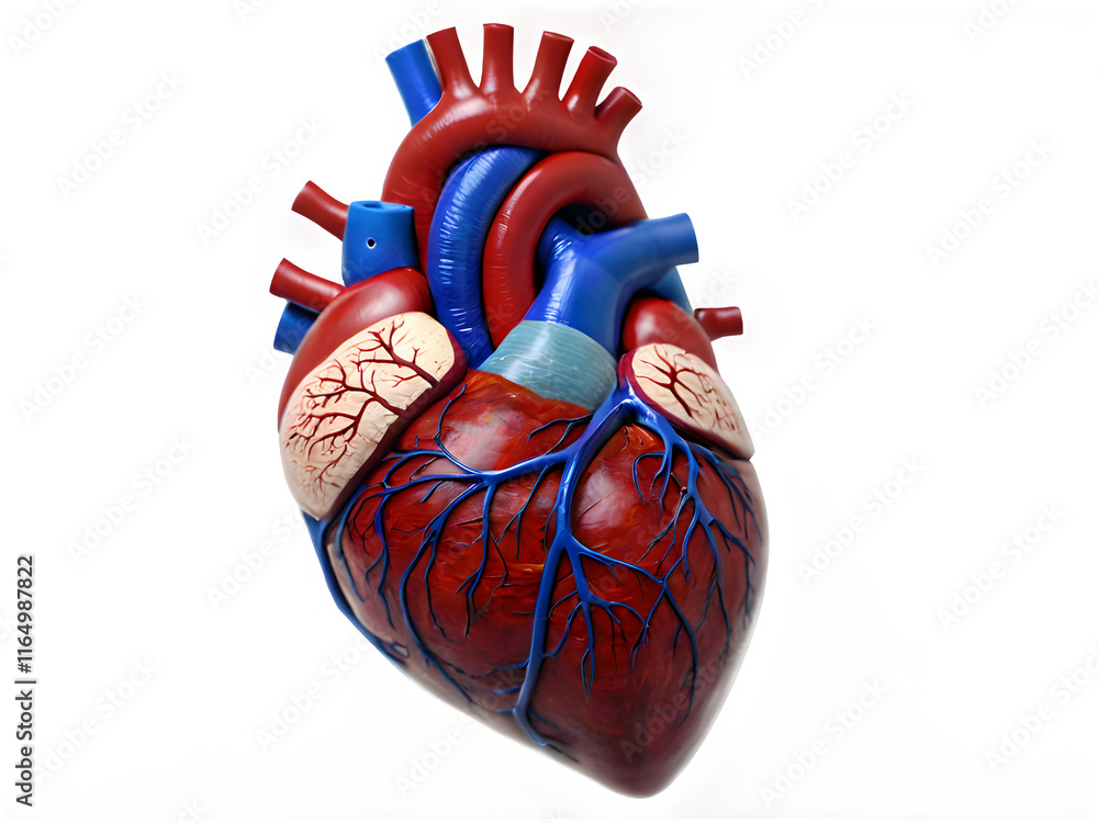 A labeled 3D model of a human heart showing veins, arteries, and ...