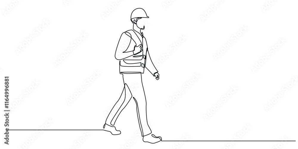 continuous line drawing of worker with engineer helmet walking.one line ...