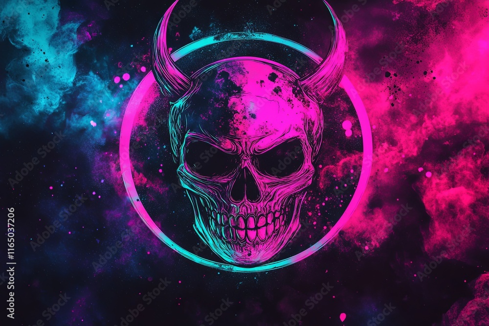 Neon pink and blue skull with horns in a circle, cosmic background ...