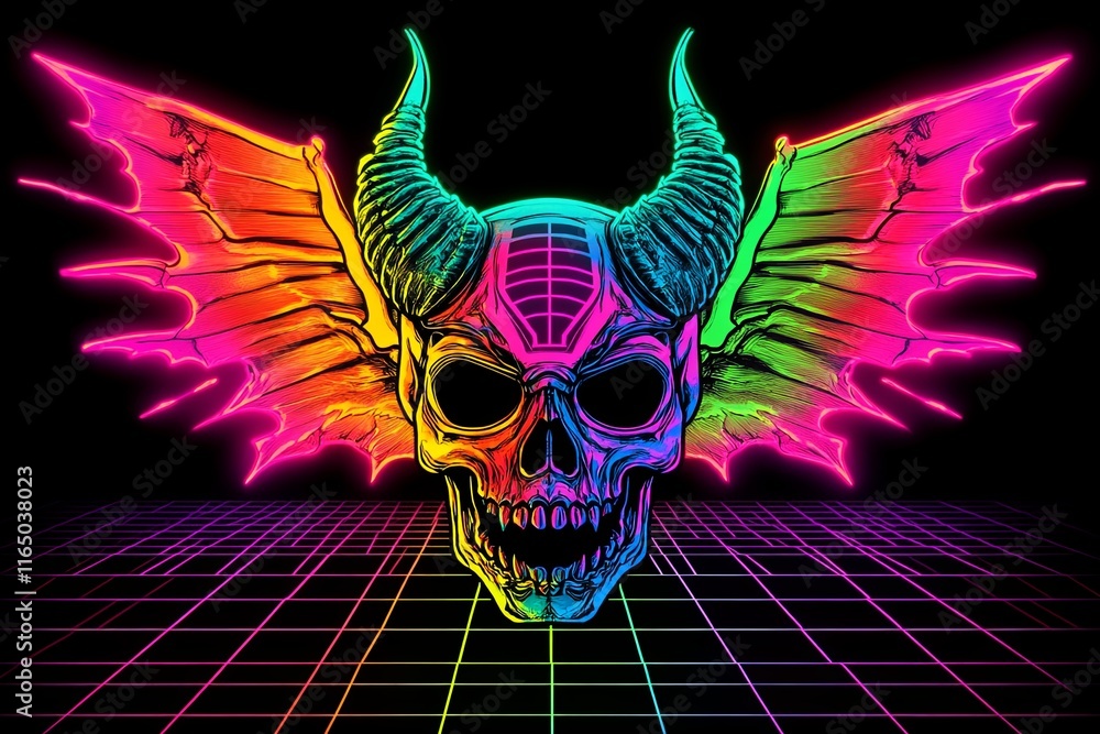 Neon rainbow skull with devil horns and wings on a grid background ...