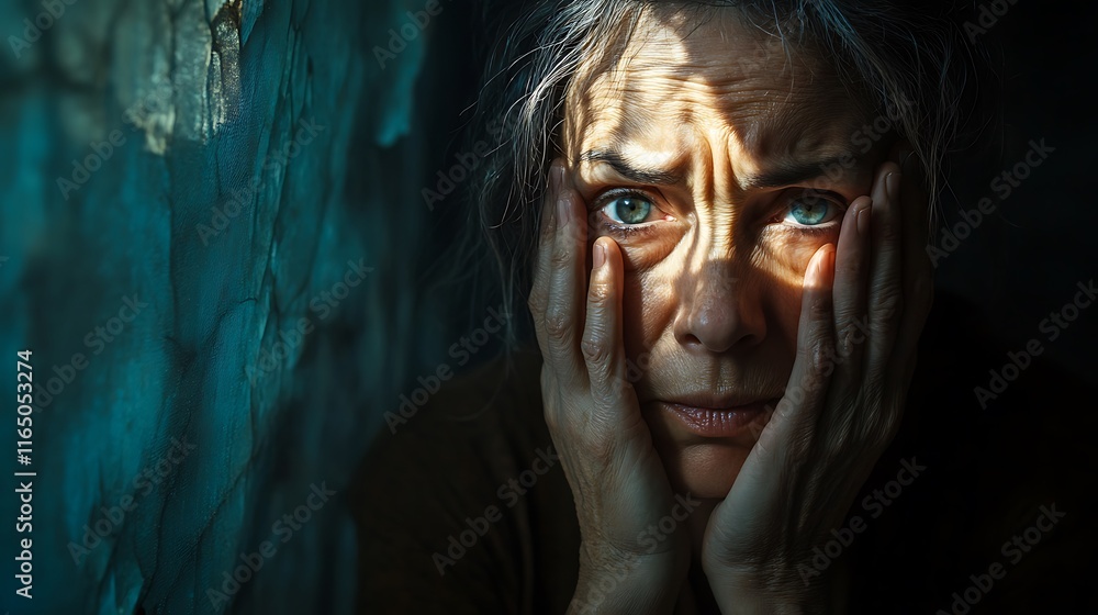 A middle-aged woman shielding her face with her hands, peeking through ...