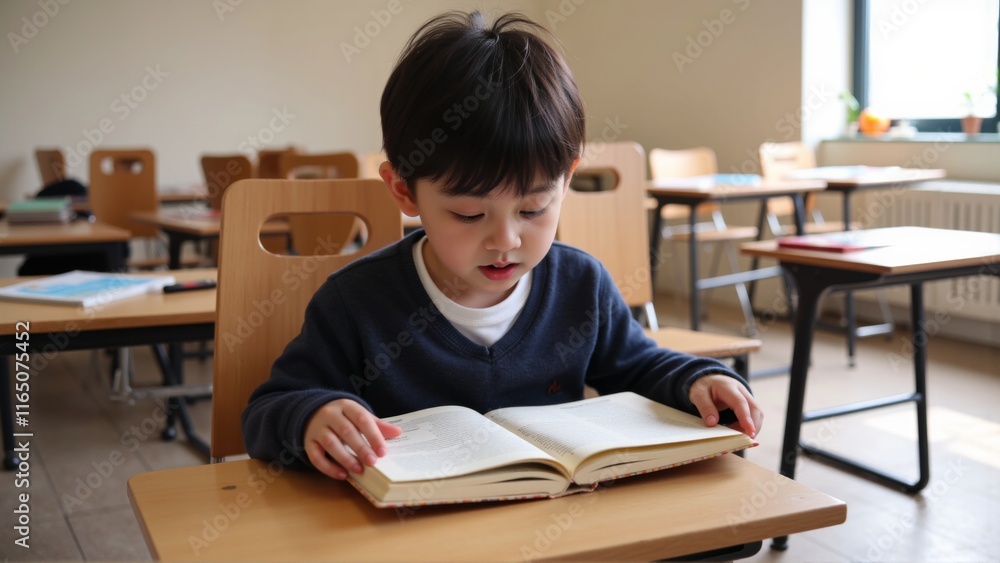 Young child facing challenges while studying in classroom, symbolizing ...