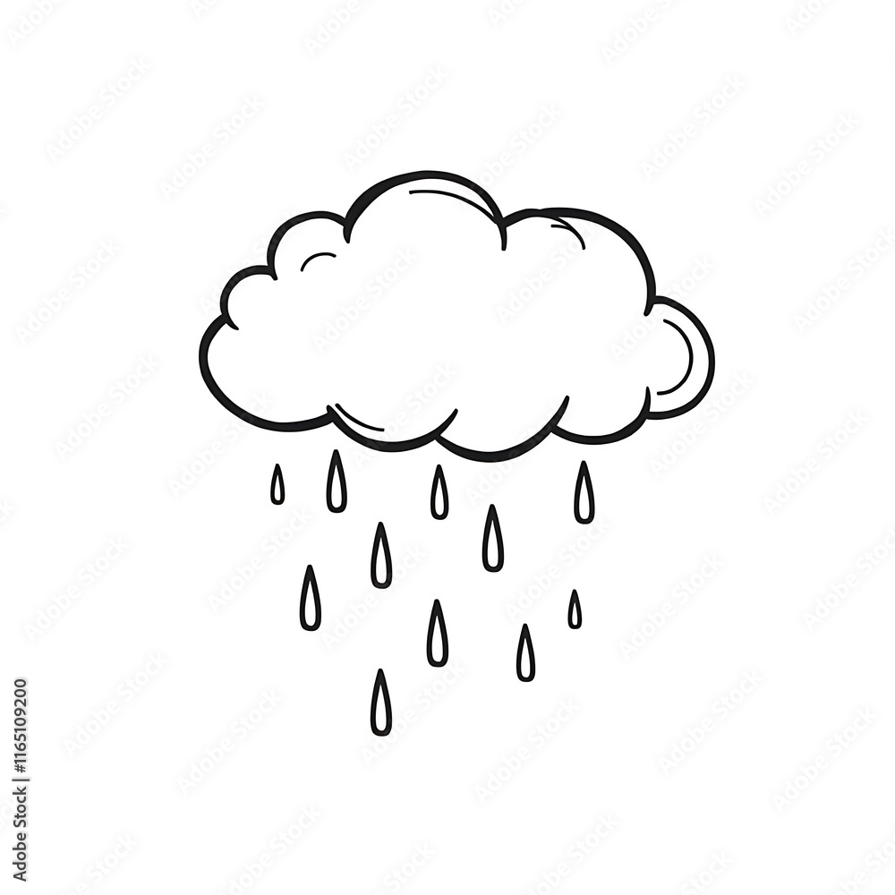 A thick-lined doodle of a cloud with raindrops falling from it, drawn ...