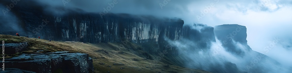 Wide-angle shot of climbers scaling the rugged cliffs of Mount Roraima ...
