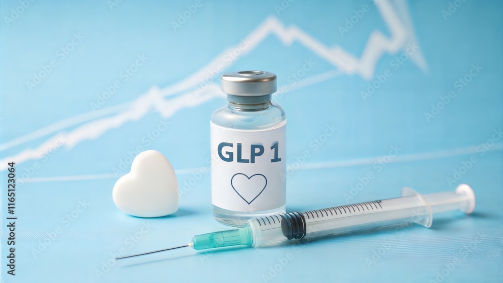 GLP-1 medication vial with syringe and heart on blue background ...