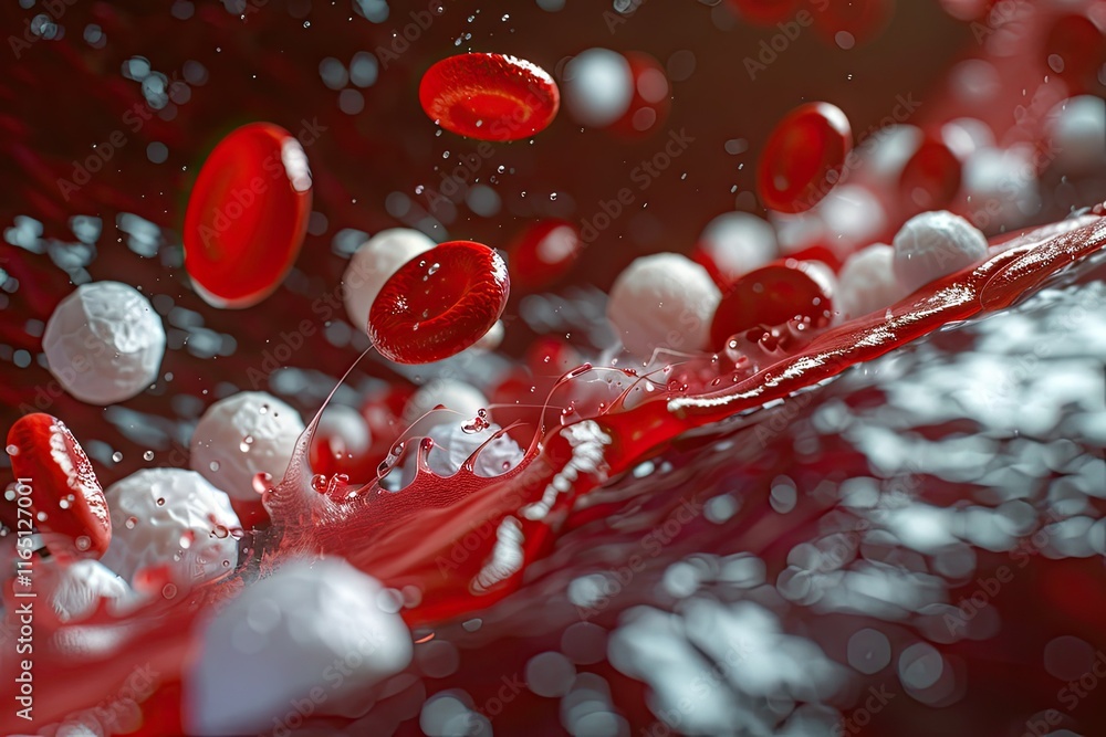hyper-realistic image of red and white blood cells flowing through a ...