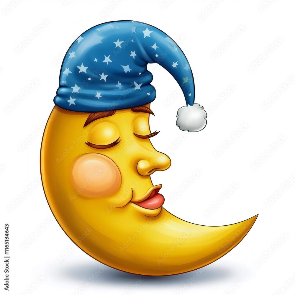Cartoon illustration of a crescent moon with a sleeping face and ...