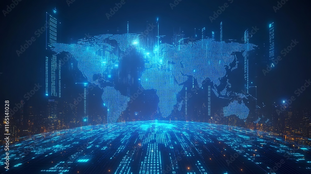 A glowing world map built from binary numbers, with radiant streams of data connecting ...