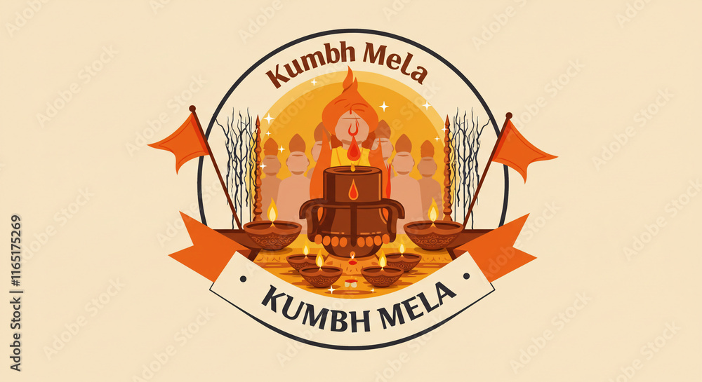 Illustrated Kumbh Mela logo featuring a Shivalinga, flags, and a temple ...