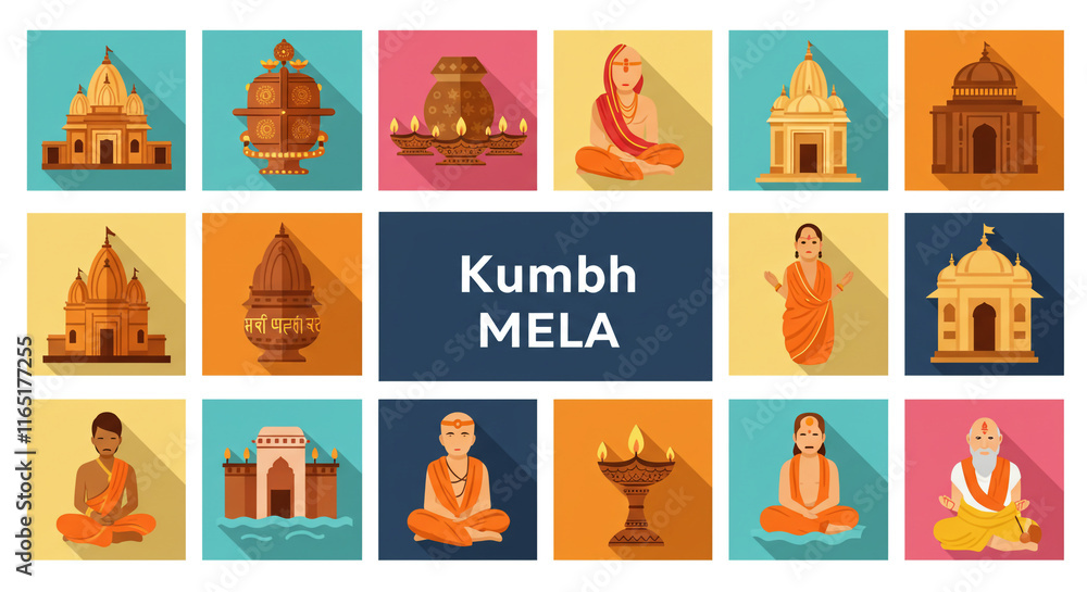 Illustrated grid of Kumbh Mela symbols, including temples, saints, and ...