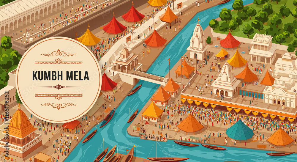 Illustrated map of Kumbh Mela with vibrant tents, temples, and the holy ...