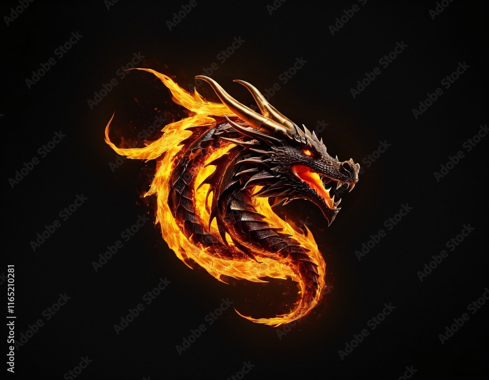 Legendary Fire Dragon Head on the Dark Background. Traditional Chinese ...