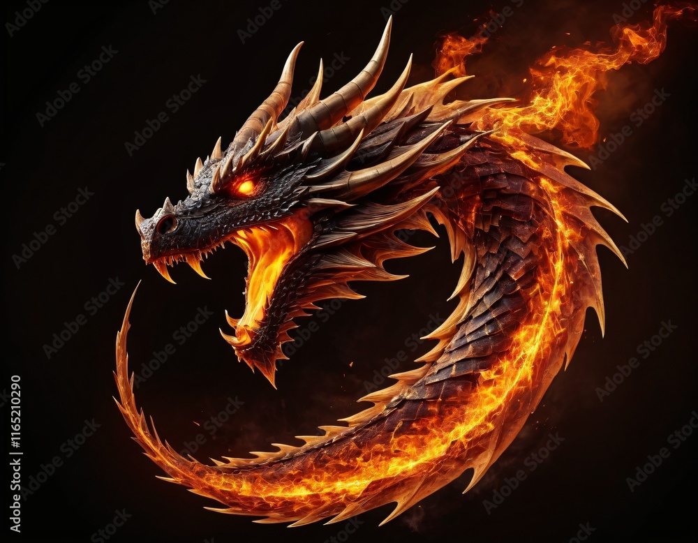 Legendary Fire Dragon Head on the Dark Background. Traditional Chinese ...