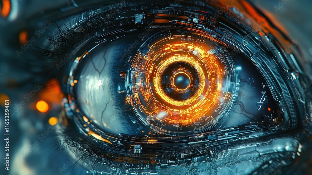 Futuristic mechanical eye with rotating gears and electronic components ...