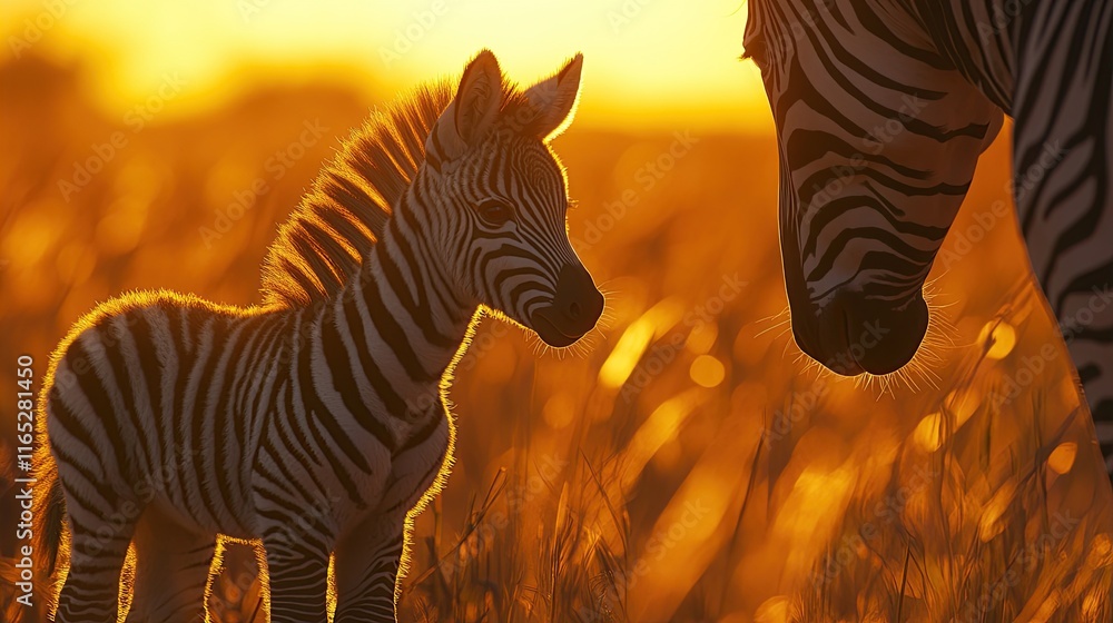 A baby zebra standing next to its mother on the African plains, the ...