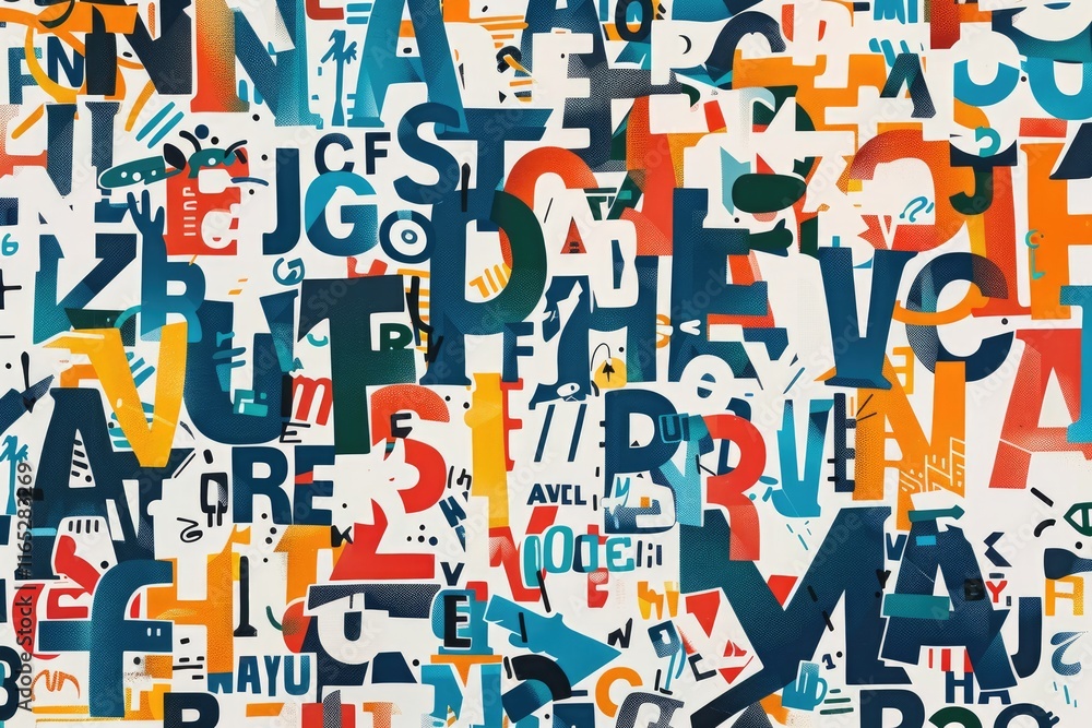Newspaper cutout style letters, numbers and symbols on white backdrop ...
