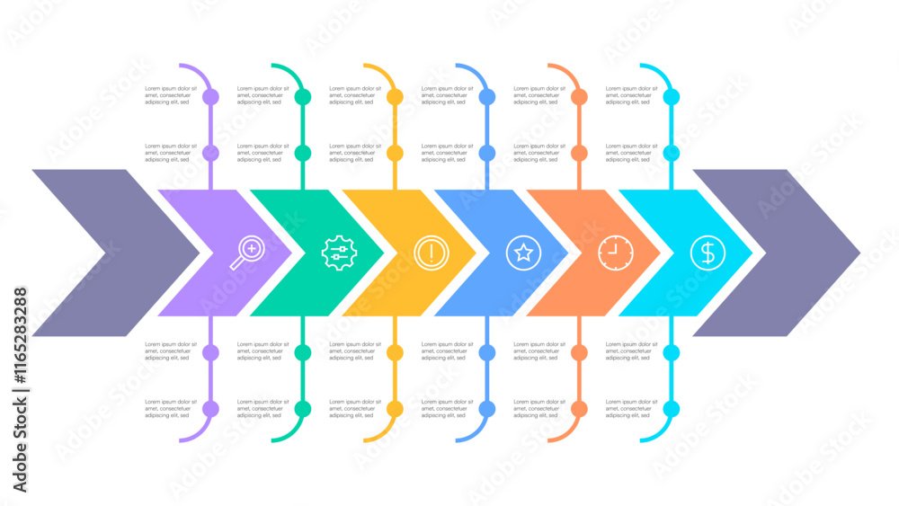 Colorful Fishbone Diagram Infographic with Arrows and Icons Stock ...