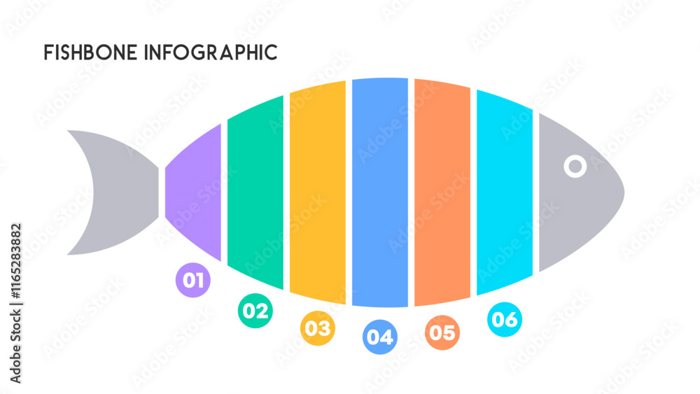 Fishbone Diagram Infographic with Six-Step Process in Colorful Sections ...