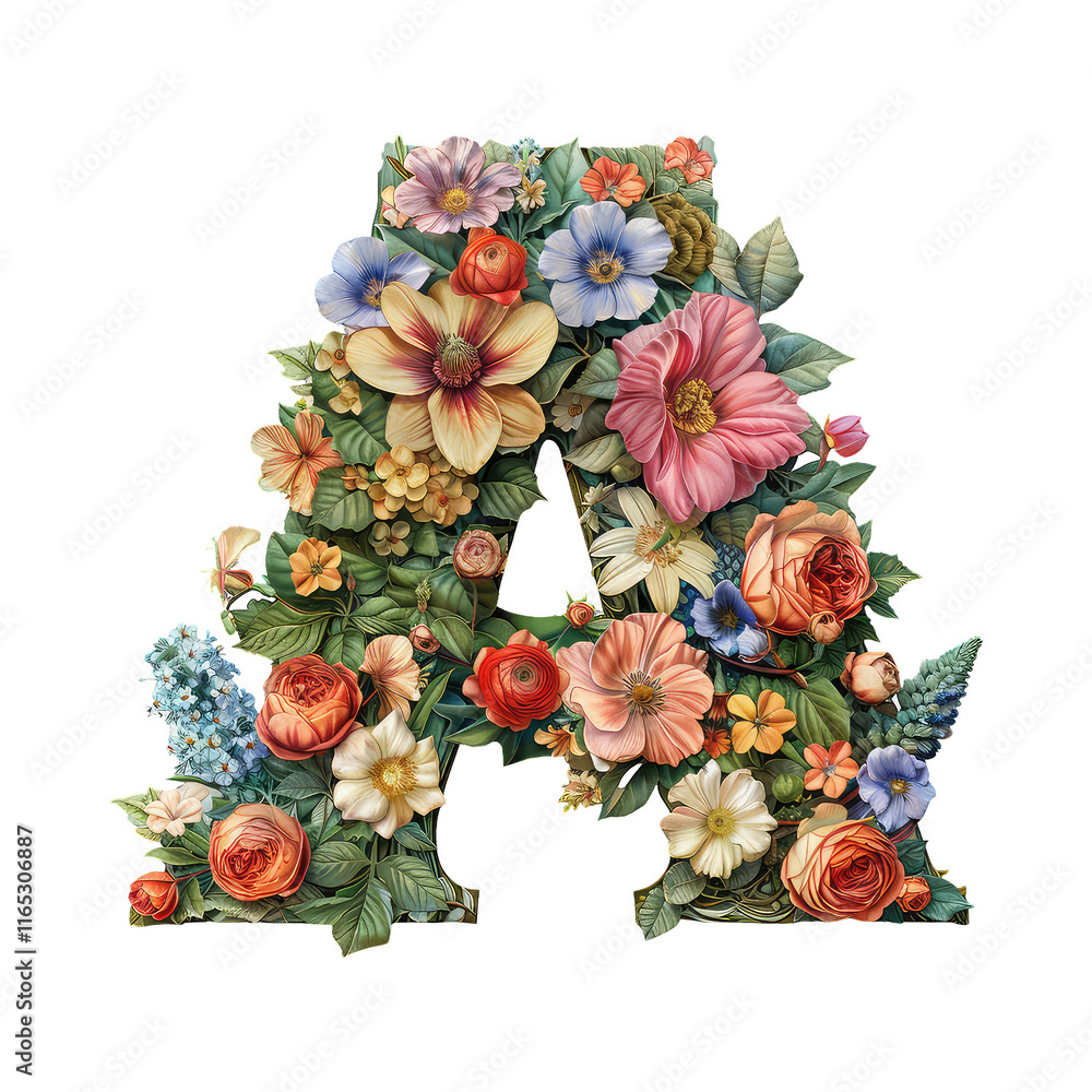 Letter A alphabet with flowers and leaves, floral font isolated on ...