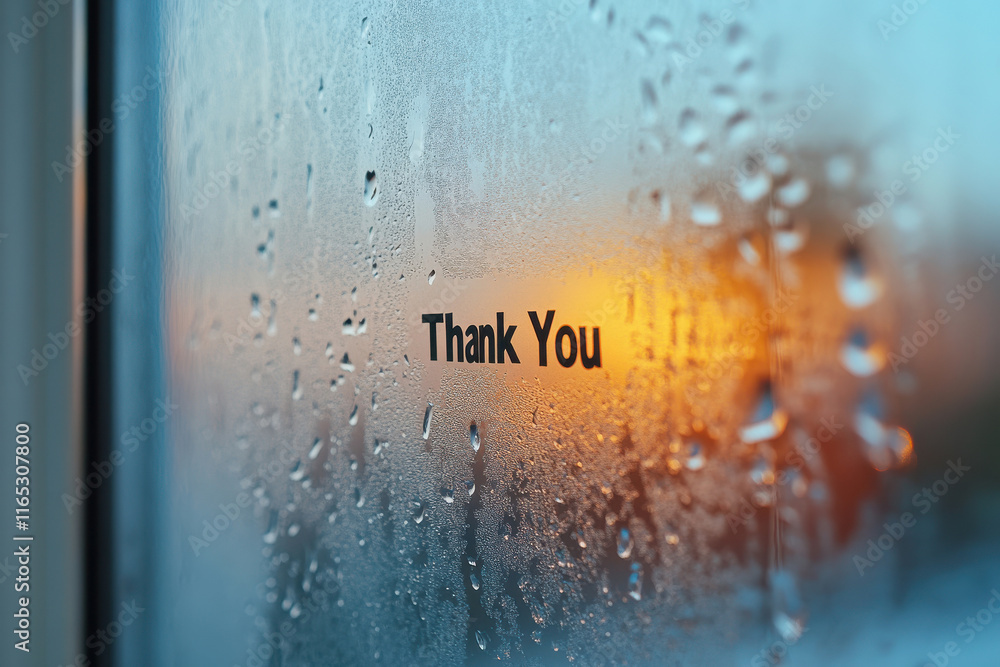 Thank you message on foggy glass window with sunset reflections Stock ...