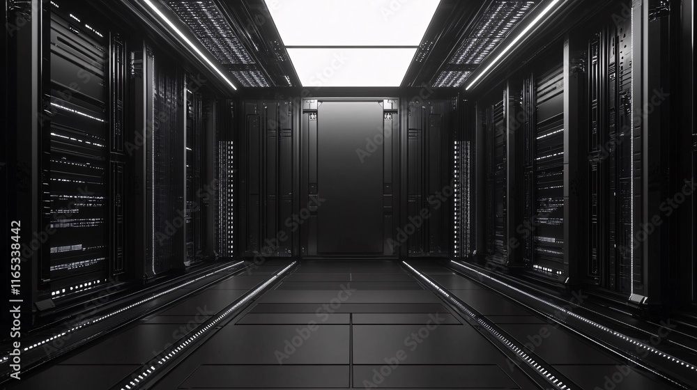 Modern data center corridor with server racks and bright screen displaying crucial information ...