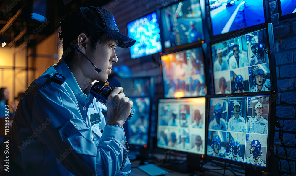 Security Guard Monitoring CCTV Cameras in Modern Control Room at Night ...