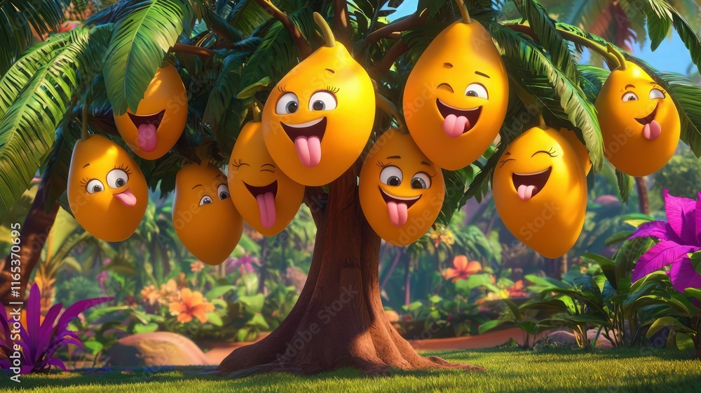 A playful cartoon 3D mango tree with large, golden-yellow mangoes ...