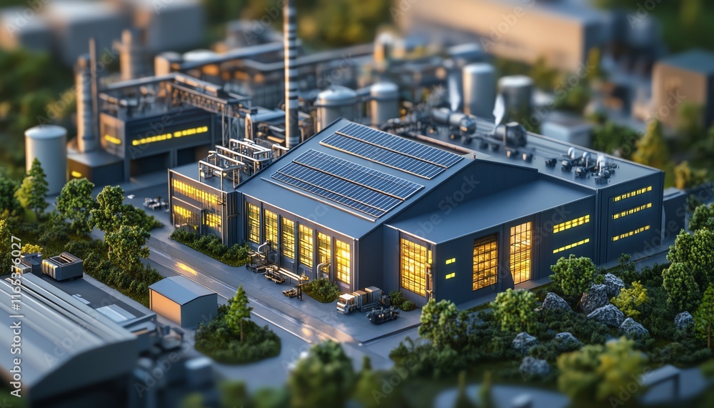 Detailed 3D render of a modern, sustainable factory powered by ...