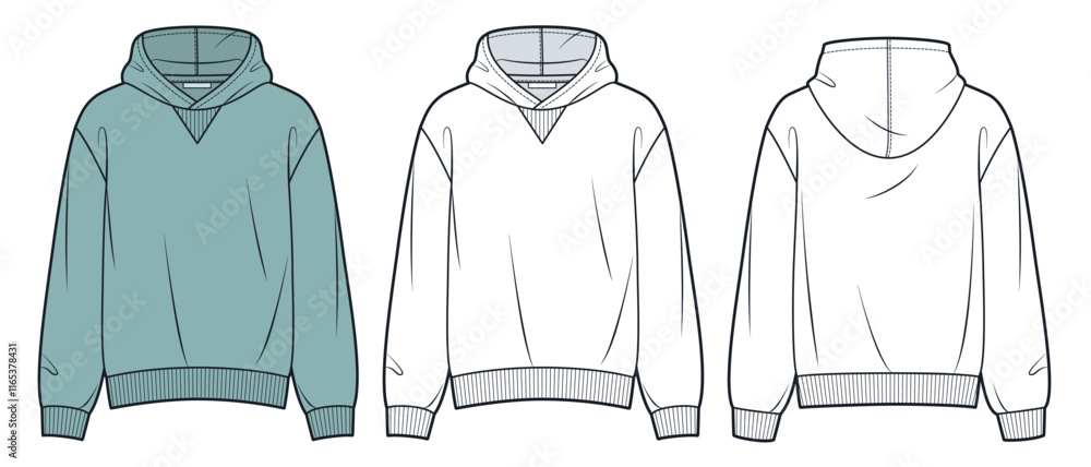 Hoodie technical fashion illustration. Hooded Sweatshirt fashion flat ...