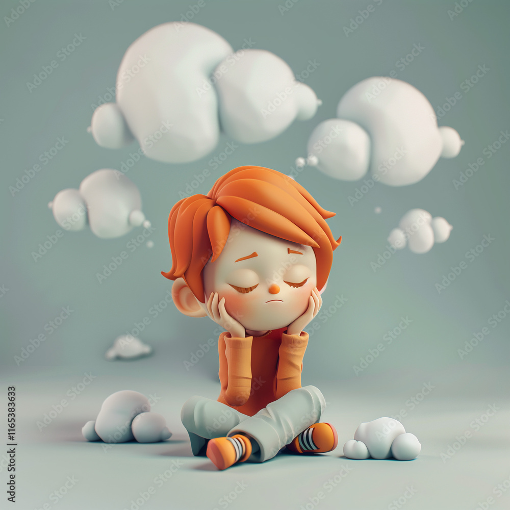Whimsical Illustration of a Sad Redheaded Cartoon Child Surrounded by ...