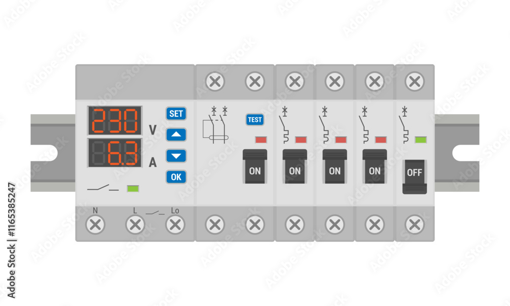 Electrical control panel with voltage relay and circuit breakers ...
