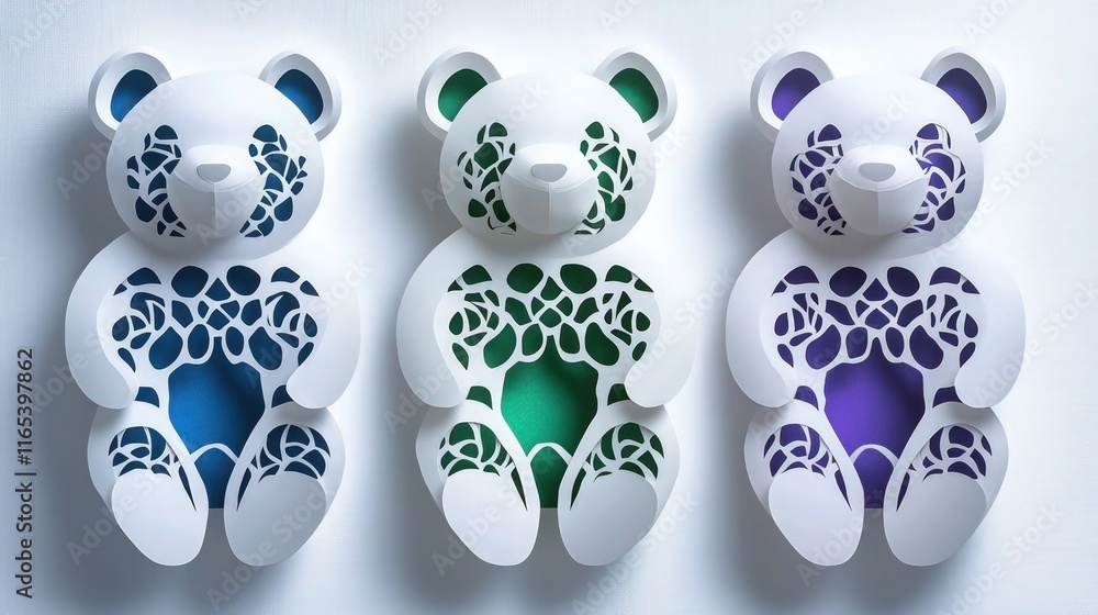 Three vertical white paper teddy bears appear on a pure white ...