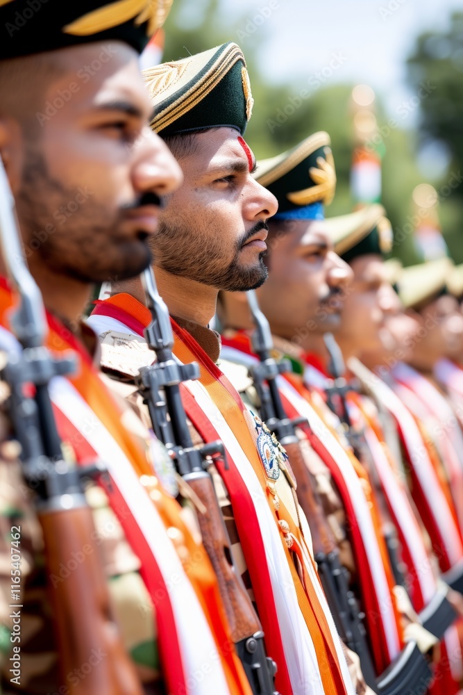 Indian Army Day.Indian soldiers in ceremonial uniforms, aligned in a ...